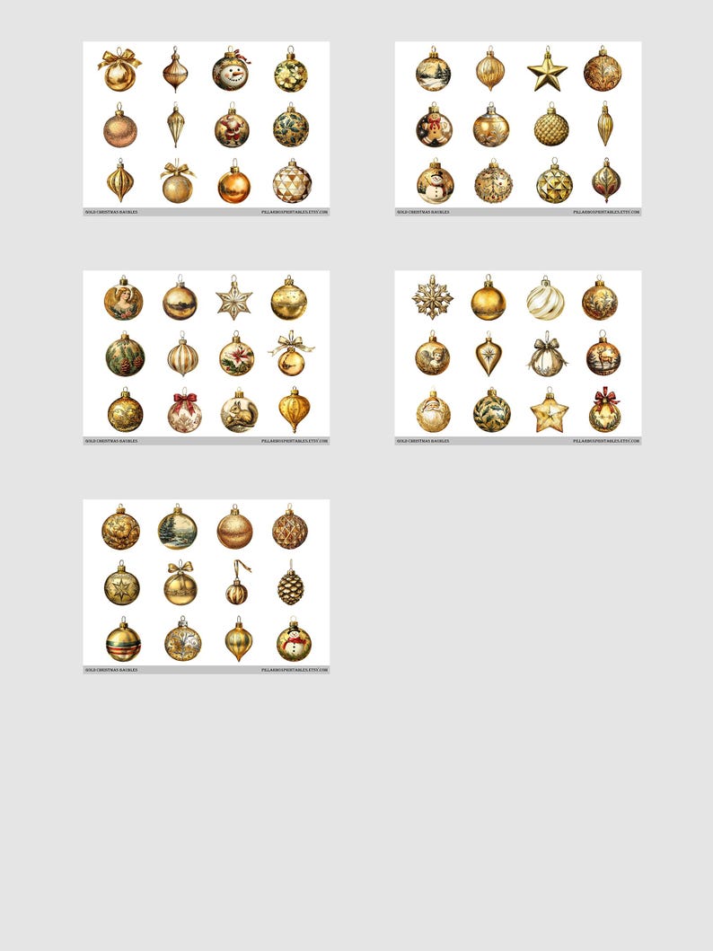 Gold Christmas Baubles Printable Pages // 60 Fussy Cut Clip Art Images ...