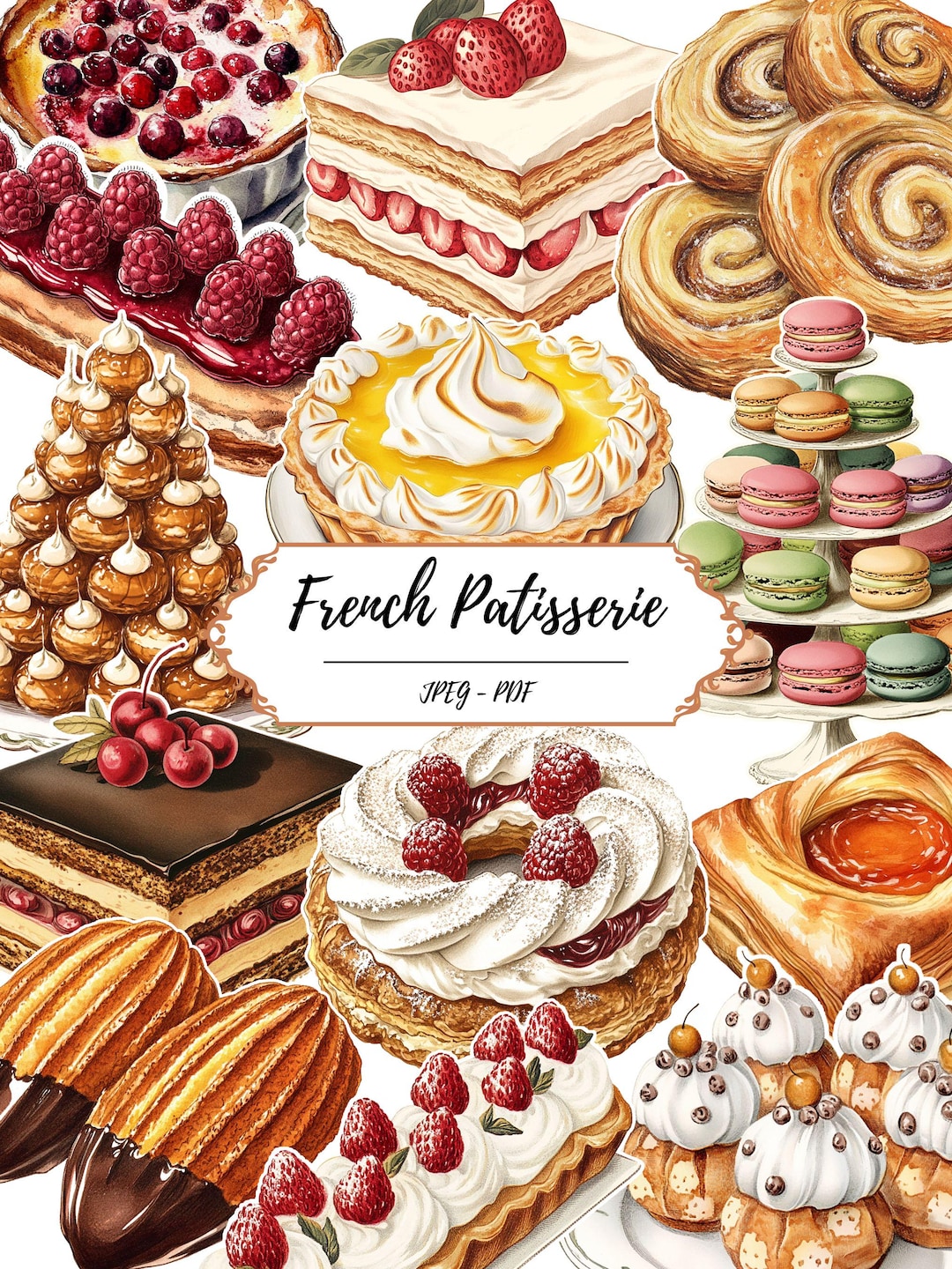 French Patisserie Printable Pages // 60 Vintage Inspired Fussy Cut Image // Pastries // Pastry ...
