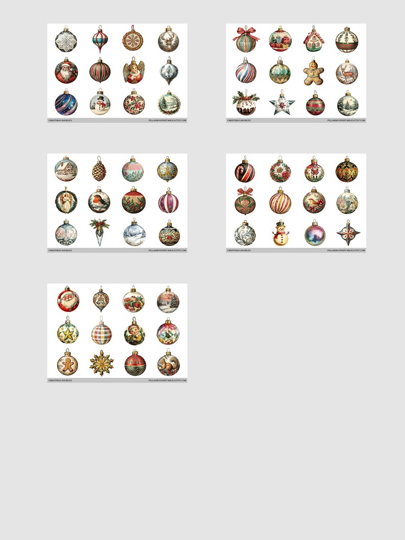 Christmas Baubles Printable Pages // 60 Vintage Inspired Images // Xmas ...