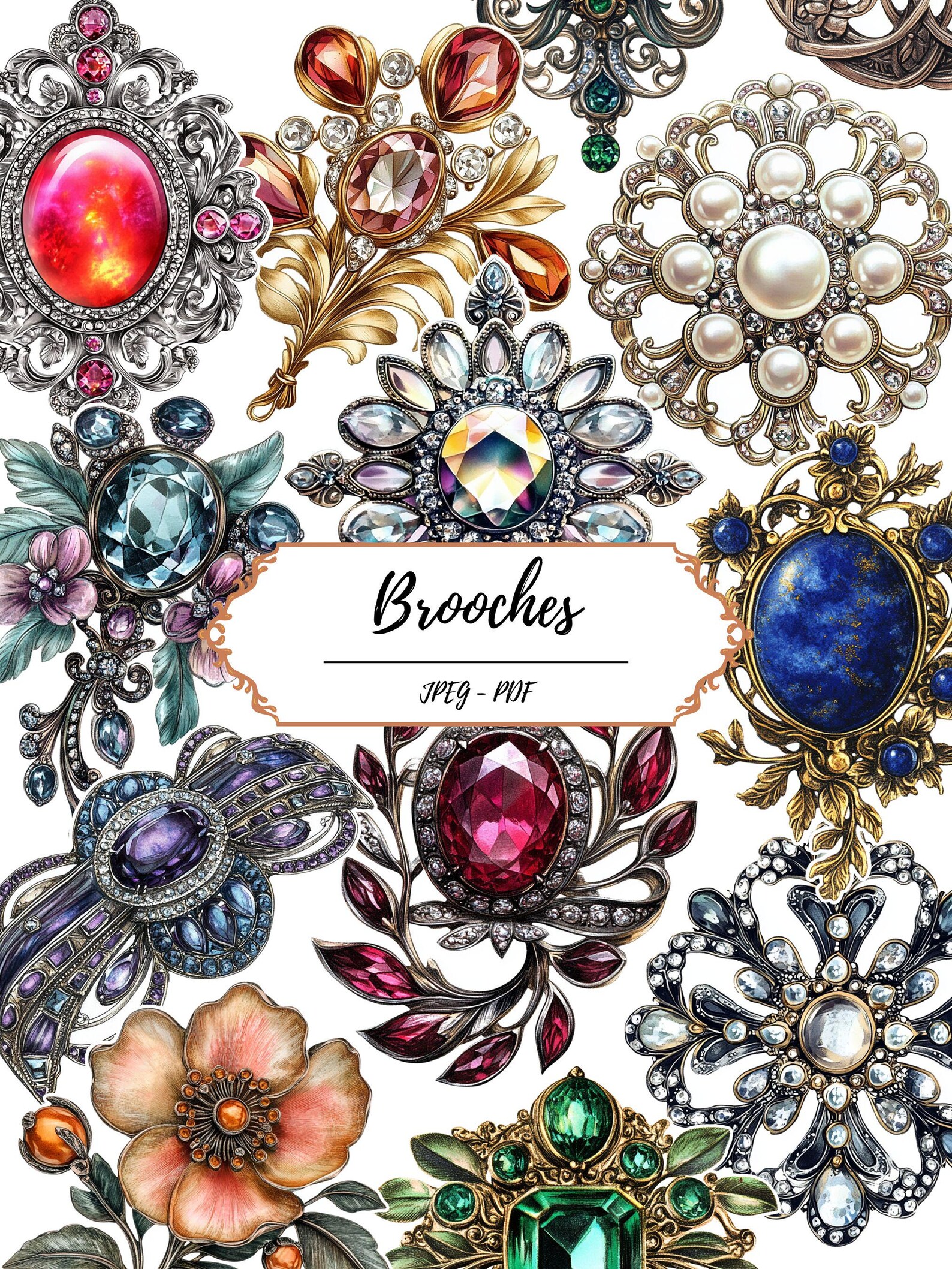 Vintage Brooches Printable Pages // 60 Fussy Cutting Images // Fashion ...