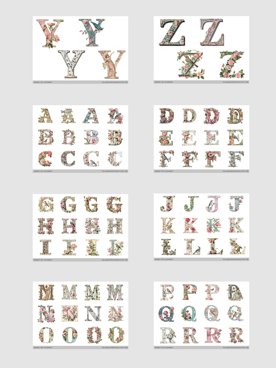 Shabby Chic Alphabet Printable Pages // 104 Fussy Cut Images // Floral ...