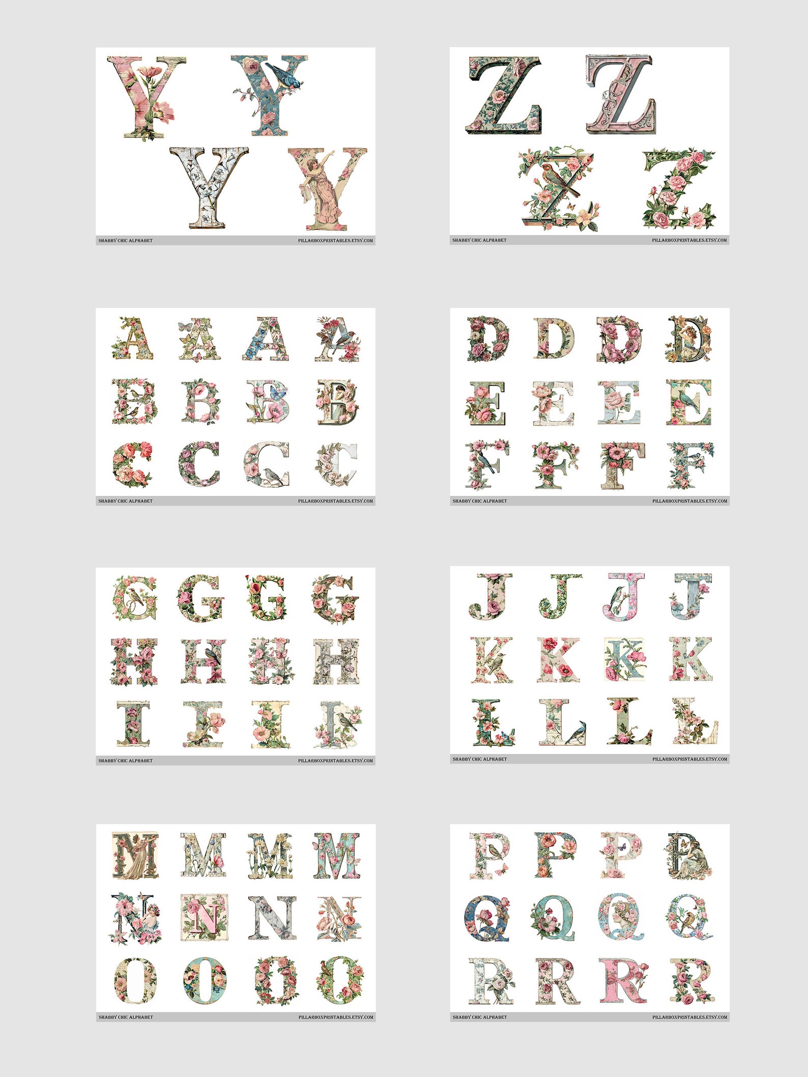 Shabby Chic Alphabet Printable Pages // 104 Fussy Cut Images // Floral ...