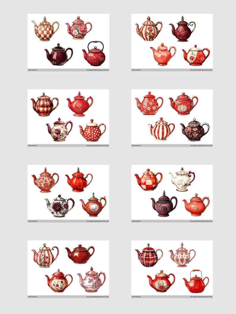 Red Teapots Printable Pages // 60 Vintage Inspired Fussy Cut Clip Art ...