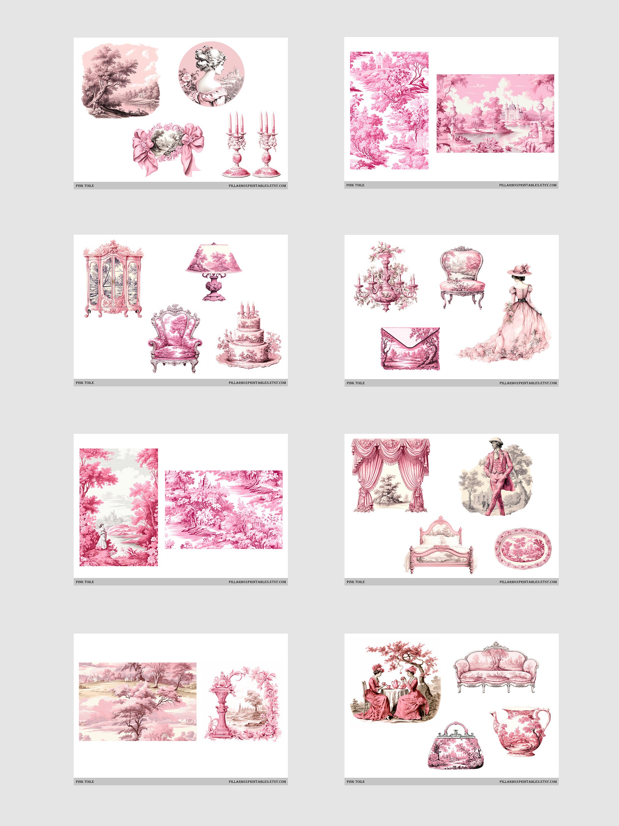 Pink Toile De Jouy Printable Pages // 60 Fussy Cut Images // Digital ...