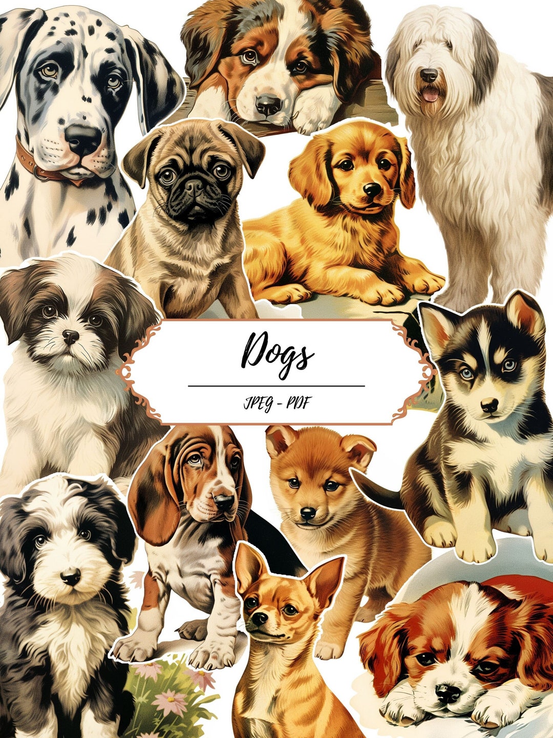 Dogs Fussy Cut Printable Pages // 60 Vintage Inspired Images // Puppies ...