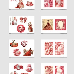 Red Toile De Jouy Printable Pages // 60 Fussy Cut Images // Fashion ...