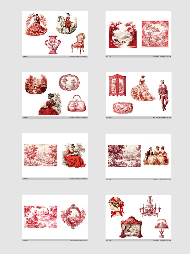 Red Toile De Jouy Printable Pages // 60 Fussy Cut Images // Fashion ...