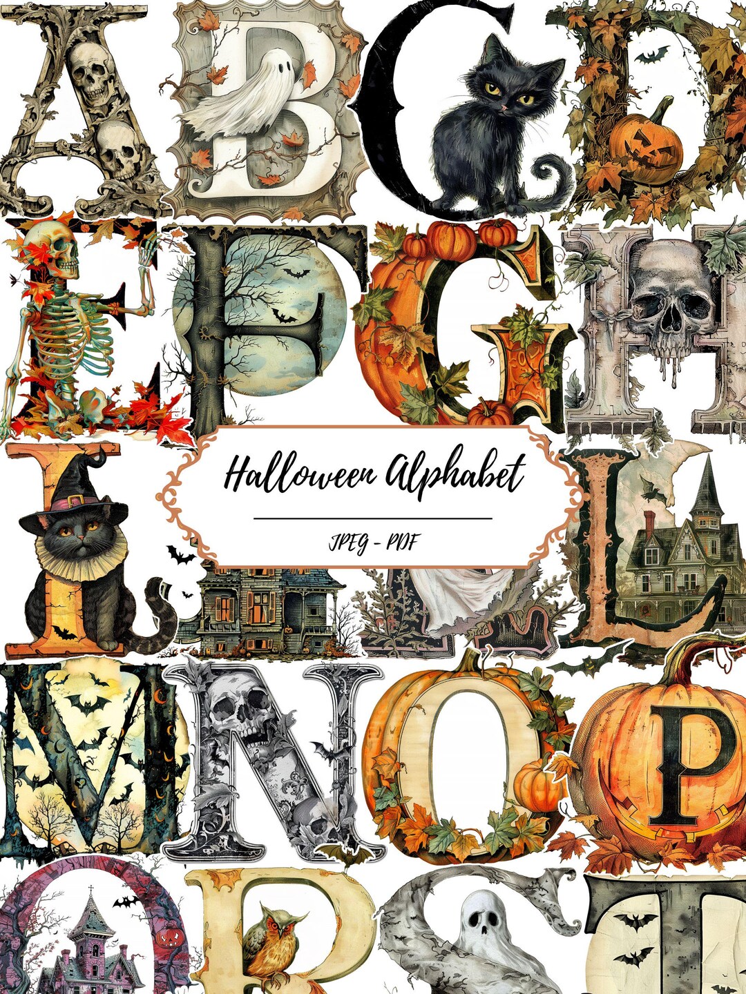 Halloween Alphabet Printable Pages // 104 Fussy Cut Images // Spooky ...