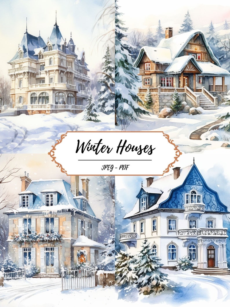 Winter Houses and Cottages Printable Pages // 60 Watercolour Style ...