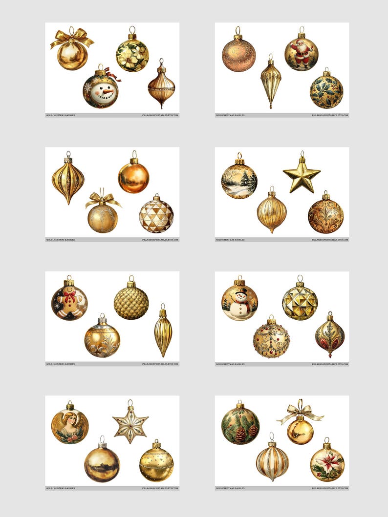 Gold Christmas Baubles Printable Pages // 60 Fussy Cut Clip Art Images ...