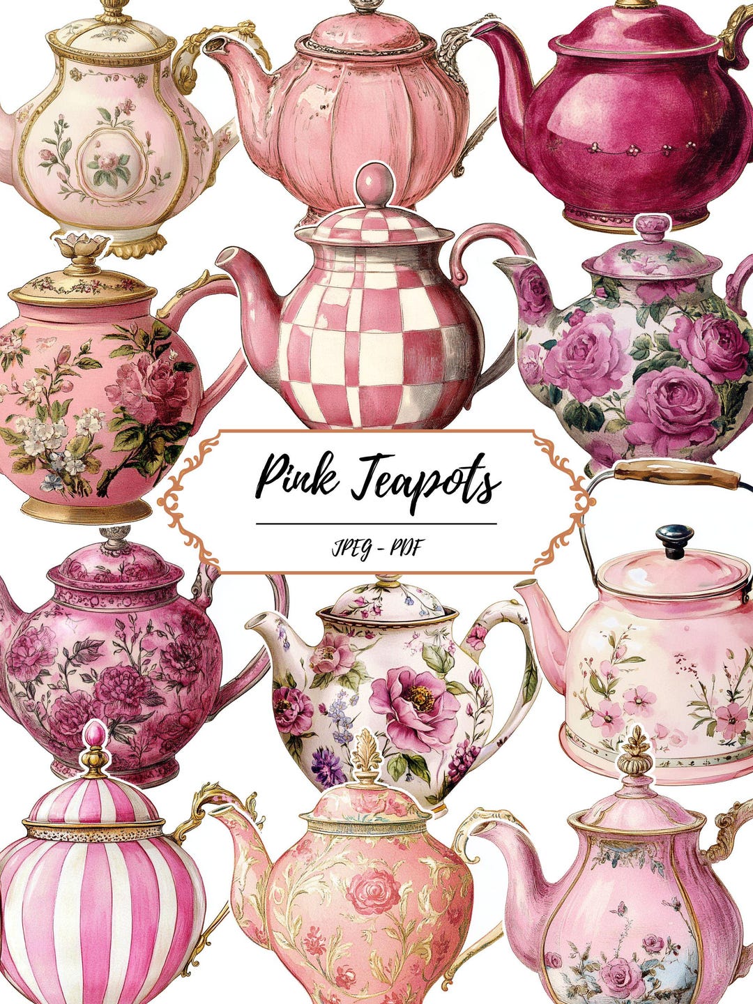 Pink Teapots Printable Pages // 60 Vintage Inspired Fussy Cut Clip Art ...