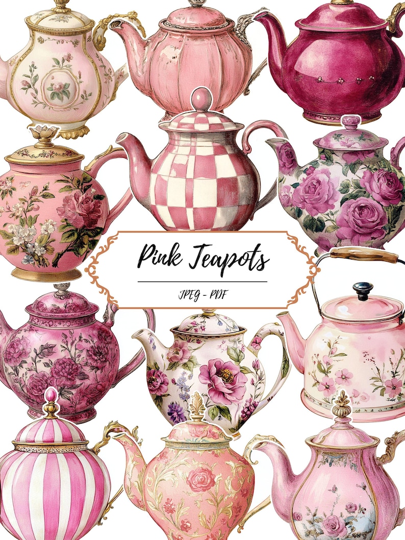 Pink Teapots Printable Pages // 60 Vintage Inspired Fussy Cut Clip Art ...