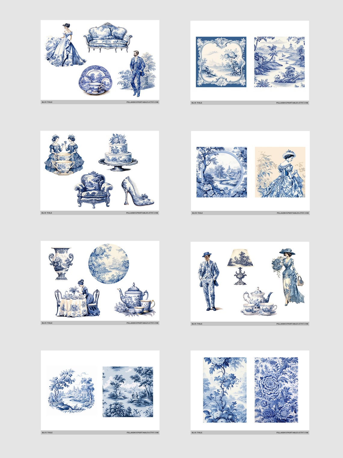 Blue Toile Printable Pages // 60 Fussy Cut Images // Digital Download ...