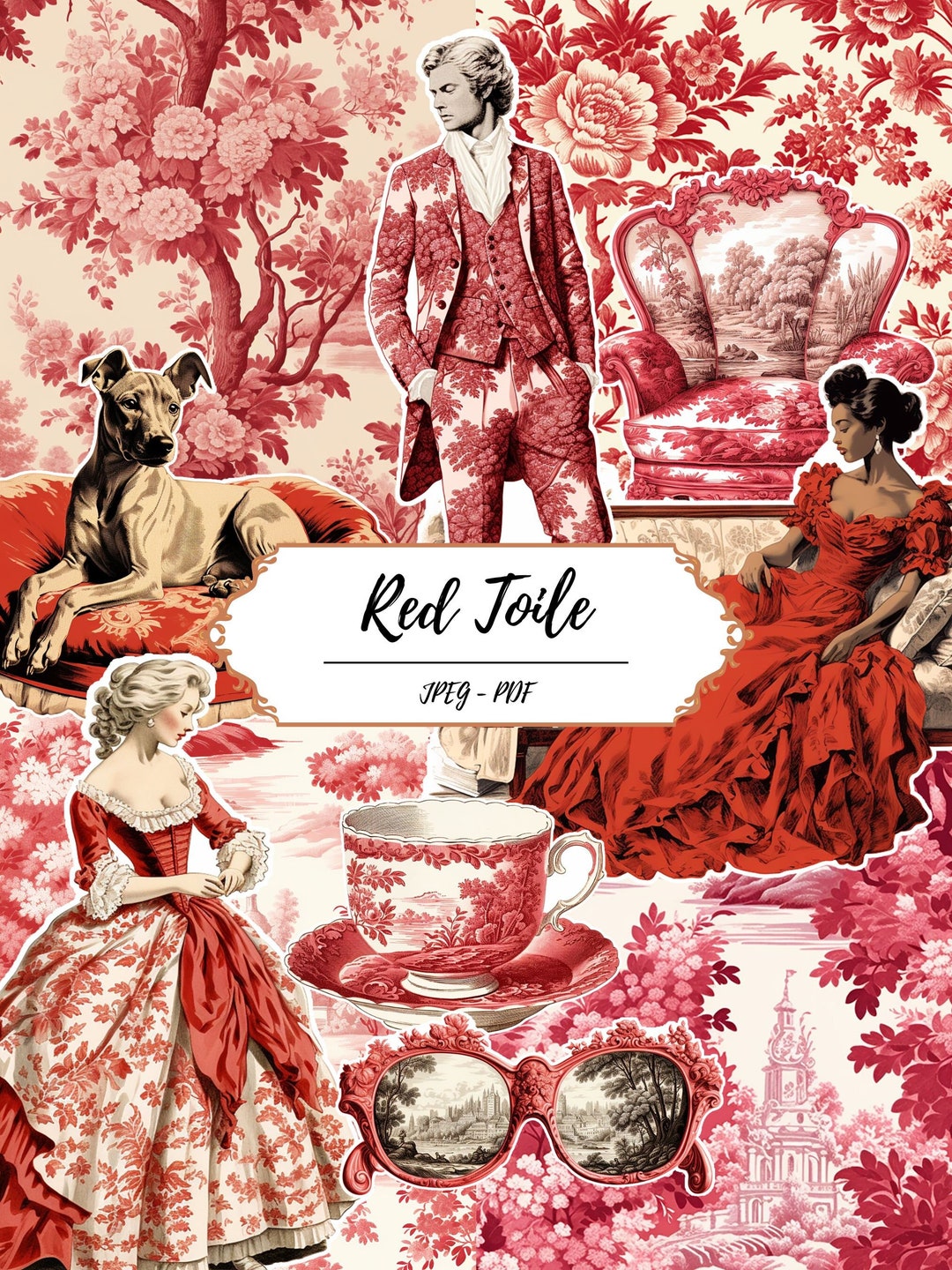 Red Toile De Jouy Printable Pages // 60 Fussy Cut Images // Fashion ...
