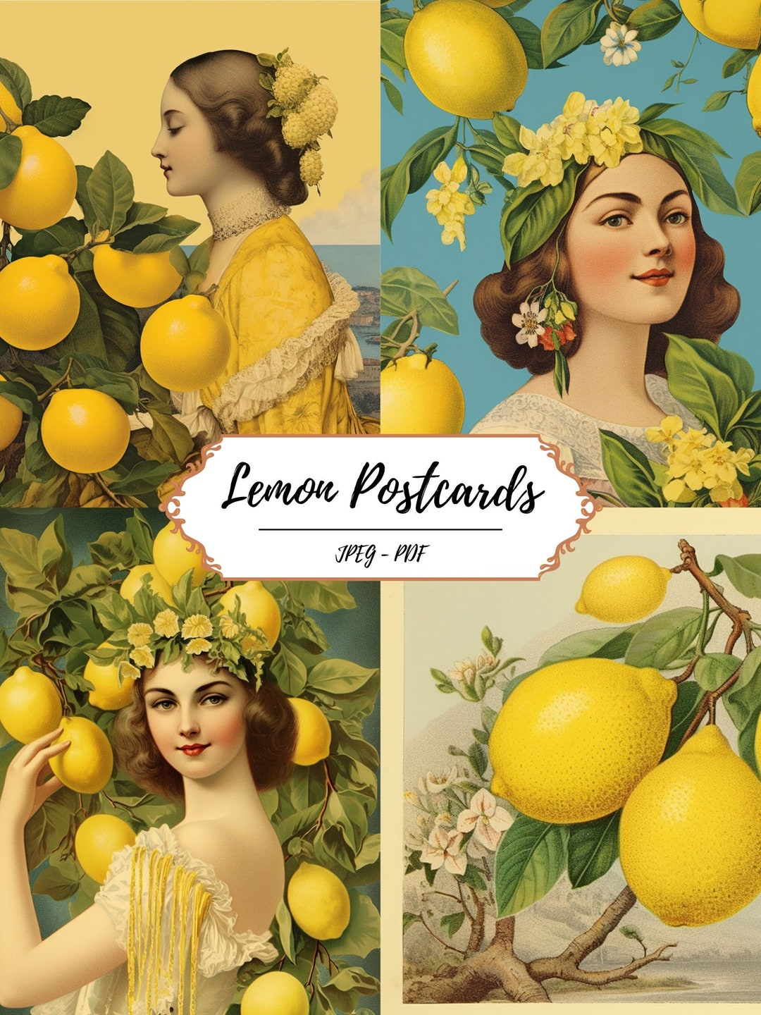 Lemon Themed Vintage Inspired Printable Postcards // 20 Fussy Cut Pages ...