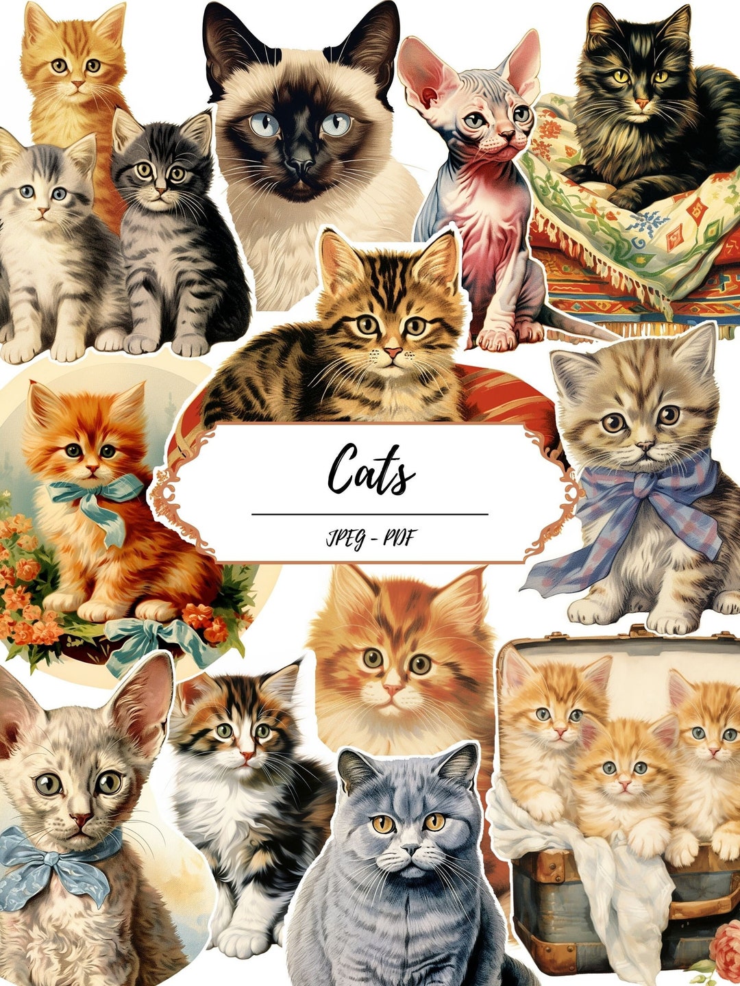 Cats Printable Pages // 60 Vintage Inspired Fussy Cut Images // Kittens ...