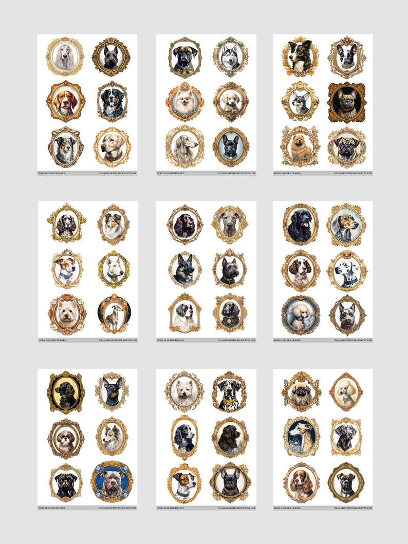 Dogs in Gilded Frames Digital Ephemera Printable Pages // 60 Vintage ...