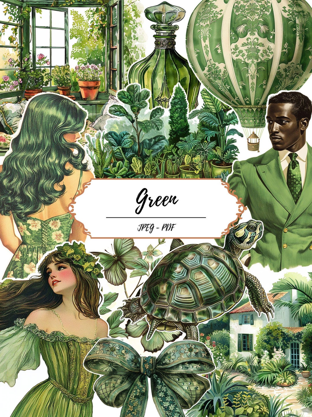 Green Theme Printable Pages // 60 Fussy Cut Images // Clip Art // JPEG ...