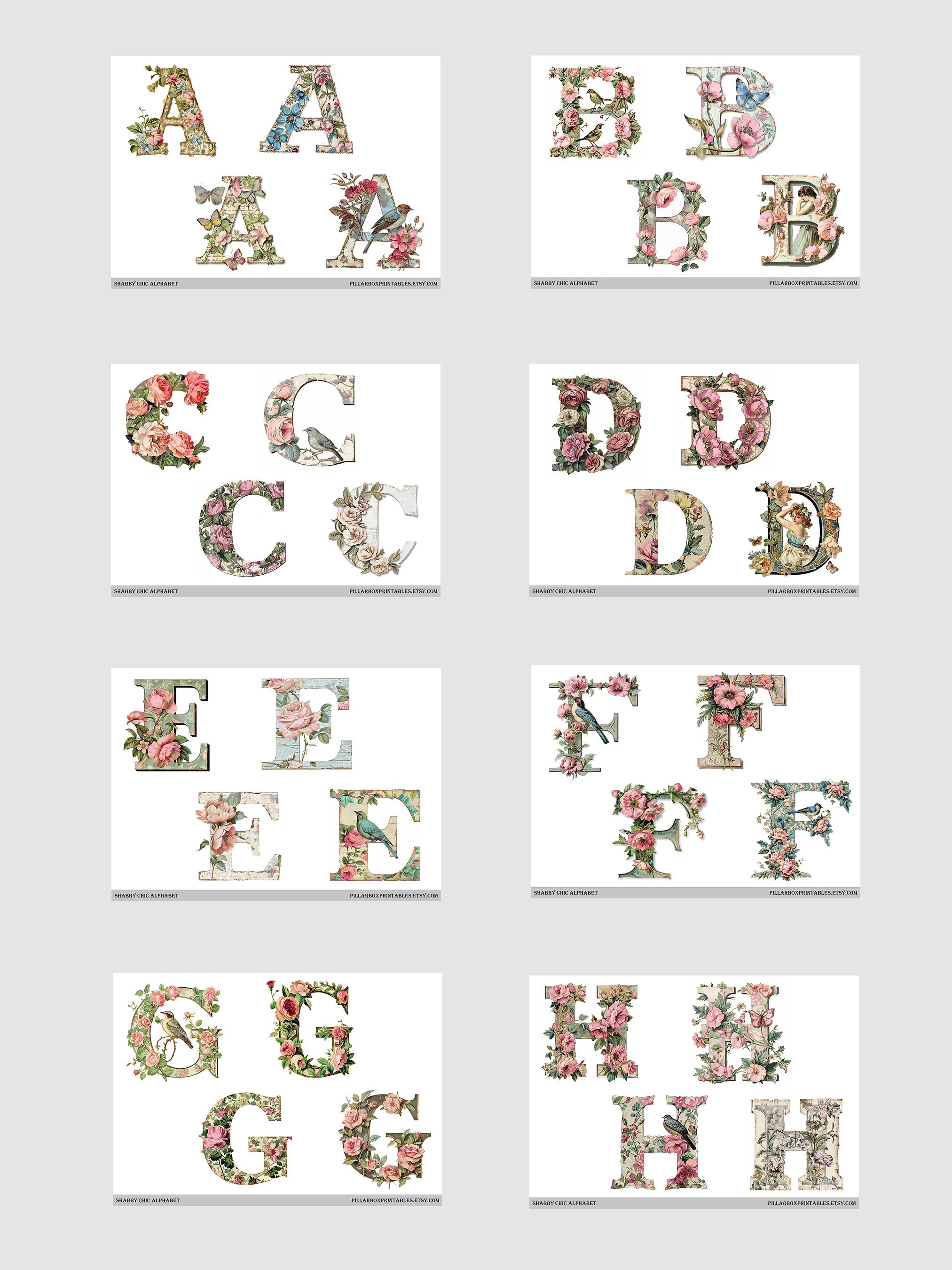 Shabby Chic Alphabet Printable Pages // 104 Fussy Cut Images // Floral ...