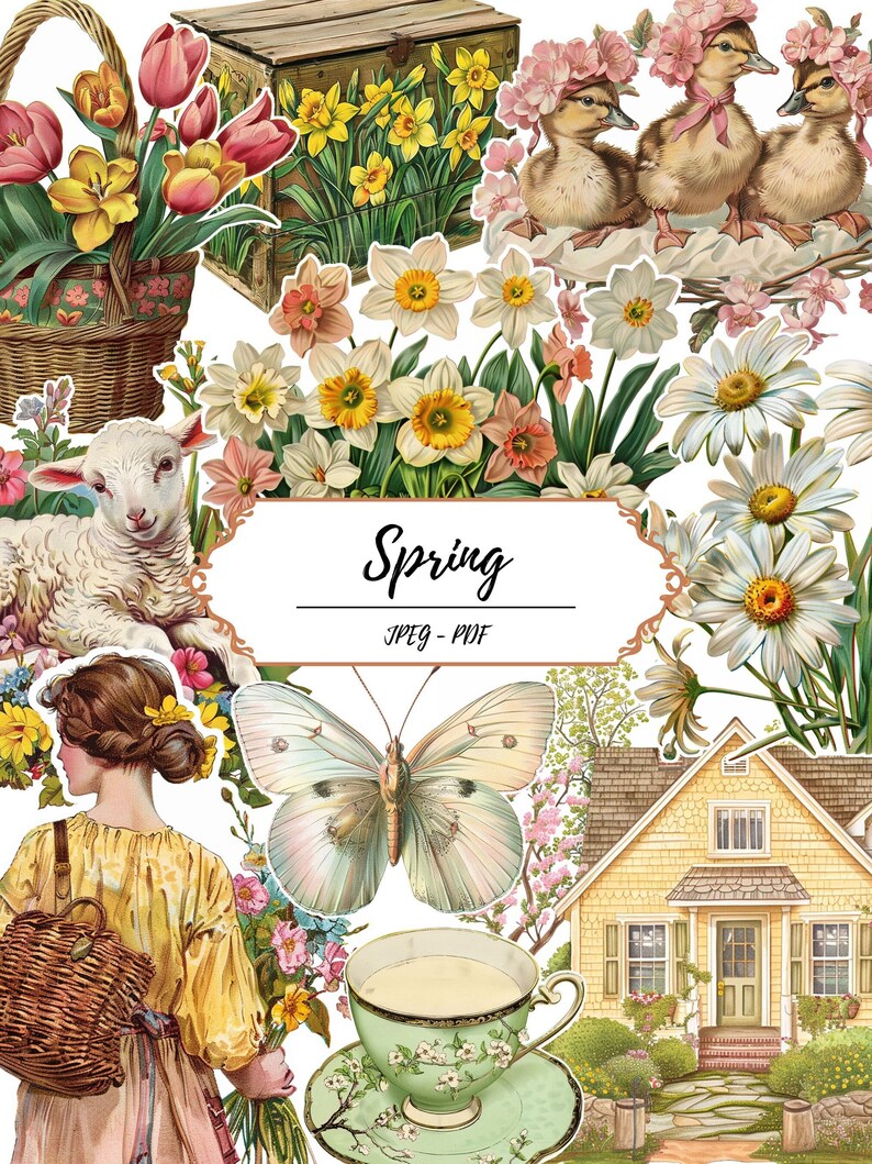 Spring Printable Fussy Cut Pages // 60 Vintage Inspired Clip Art ...