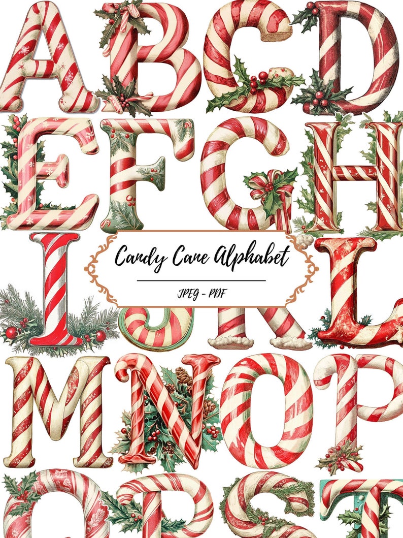 Candy Cane Alphabet Printable Pages // 104 Fussy Cut Images ...