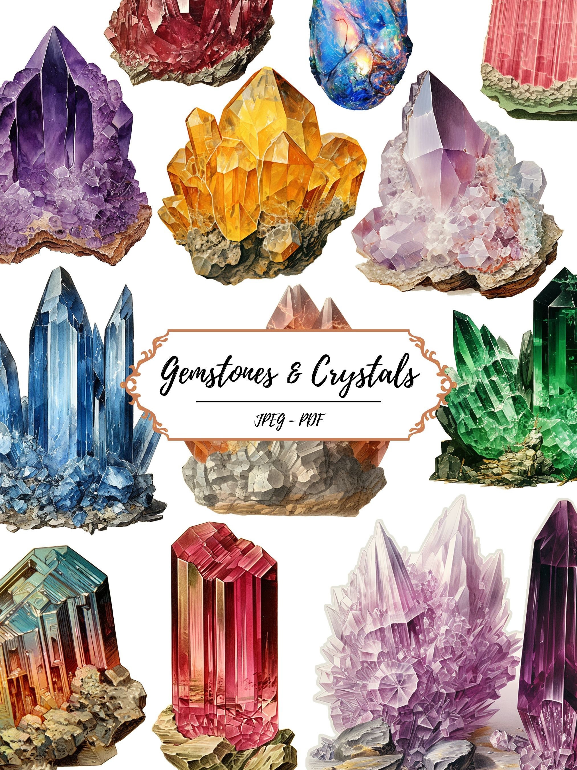 Gemstones and Crystals Printable Pages // 60 Vintage Inspired Fussy Cut ...