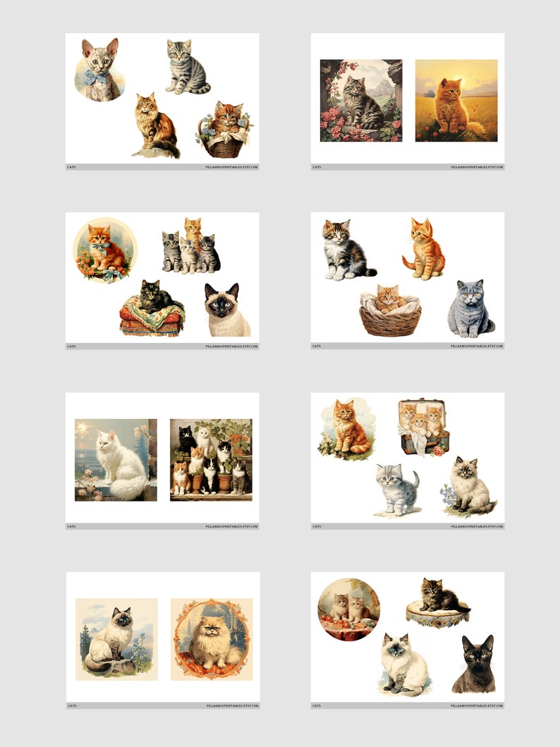 Cats Printable Pages // 60 Vintage Inspired Fussy Cut Images // Kittens ...