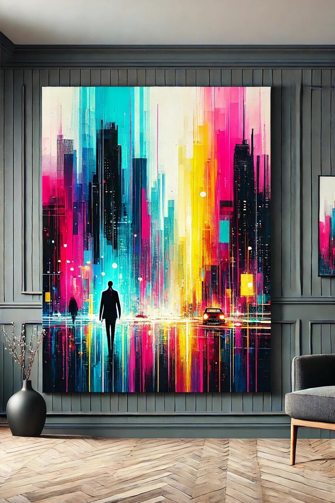 Modern Abstract Cityscape Wall Art Bright Neon Canvas Painting Large ...