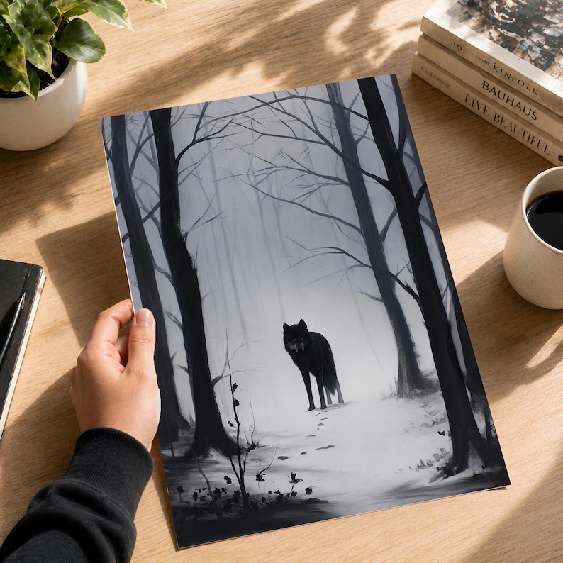Black Wolf Forest Poster, Gothic Dark Academia Wall Art Print, Oil ...