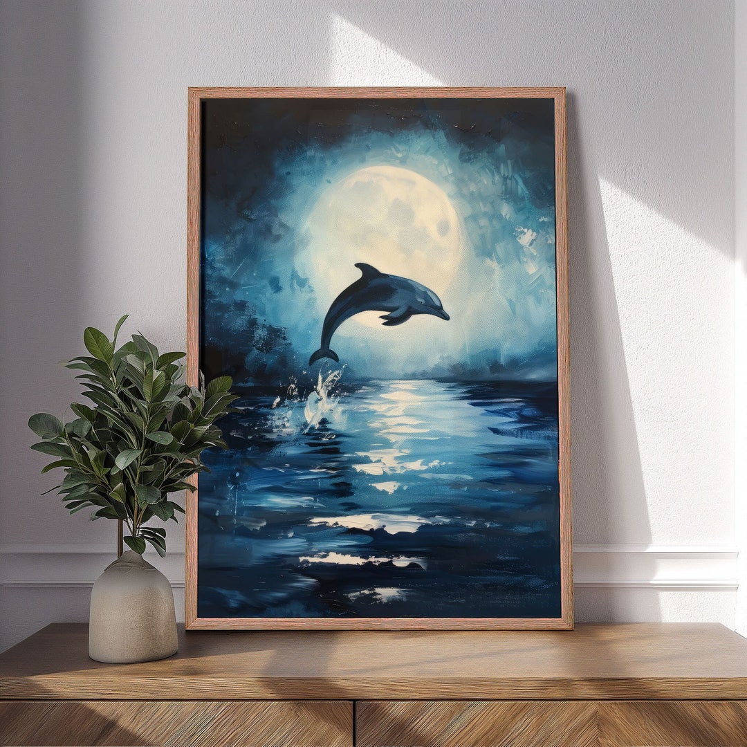 Celestial Moon Dolphin Oil Painting Nautical Elegance Wall Art for Home ...