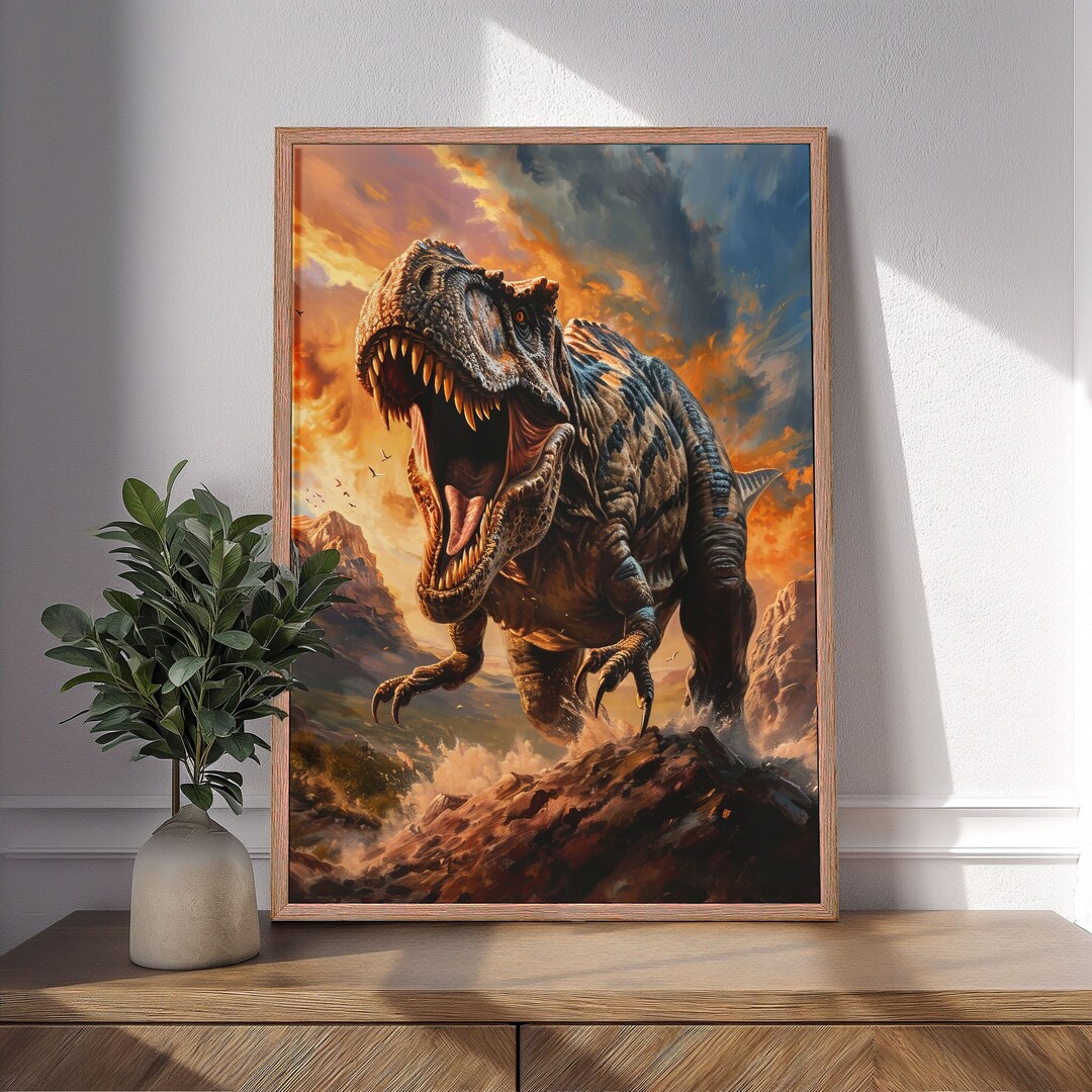 Jurassic Fury T-rex Roar Oil Painting, Dinosaur Wall Art, Tyrannosaurus ...