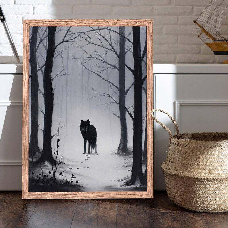 Black Wolf Forest Poster, Gothic Dark Academia Wall Art Print, Oil ...