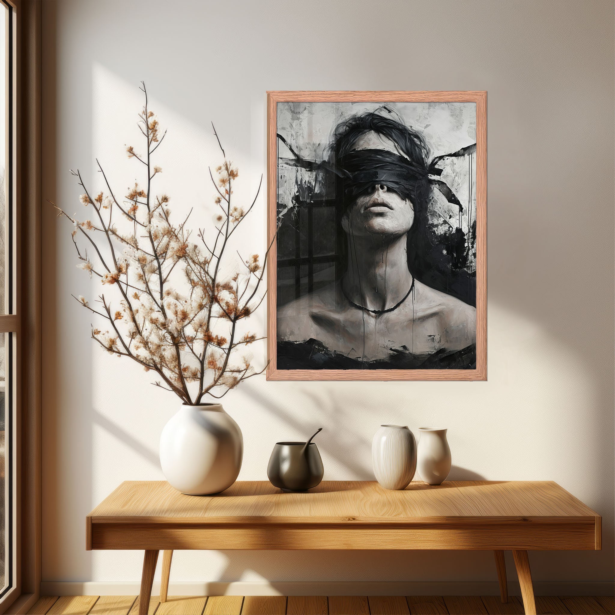 Dark Sad Girl Crying Oil Painting, Black and White Wall Art, Abstract ...