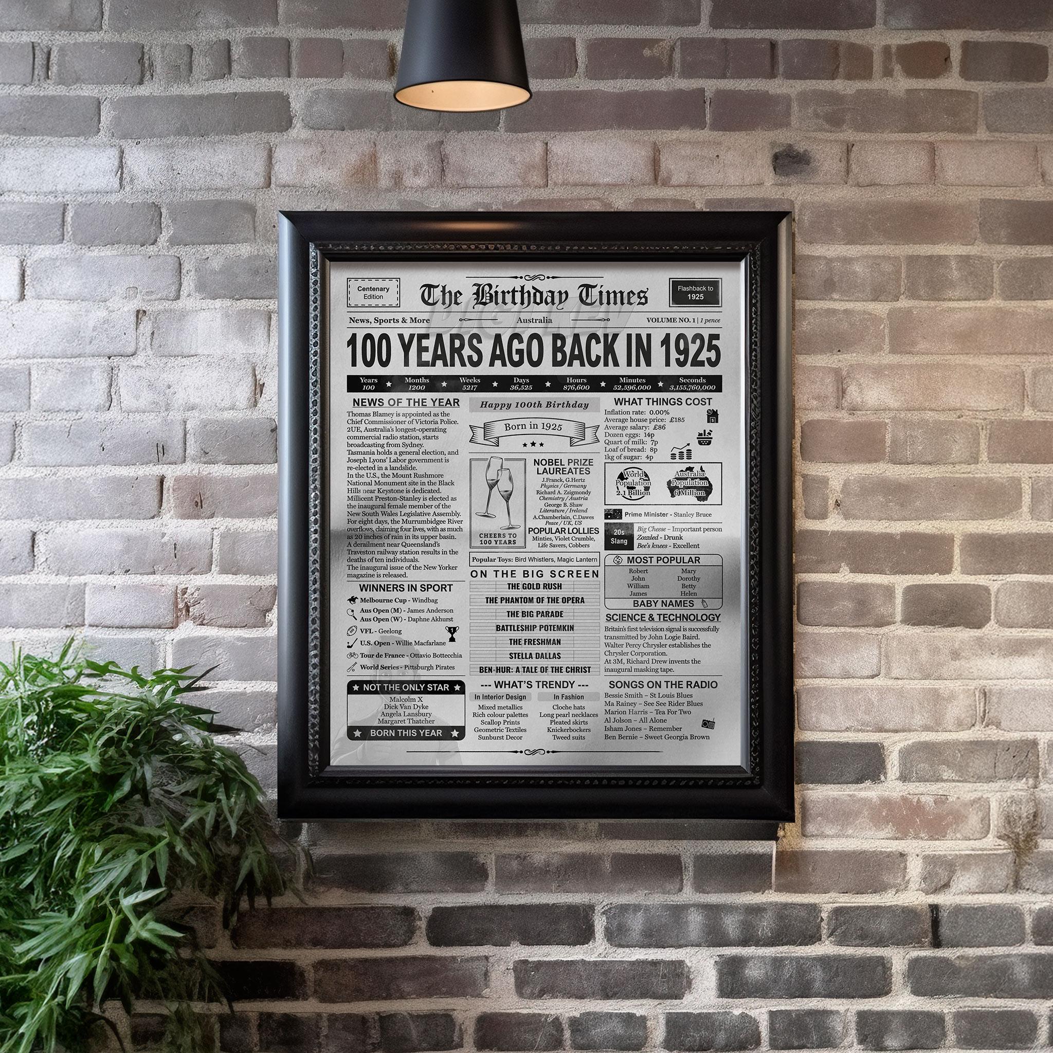 100th Birthday Newspaper Printable Poster - Born in 1925 - Instant ...