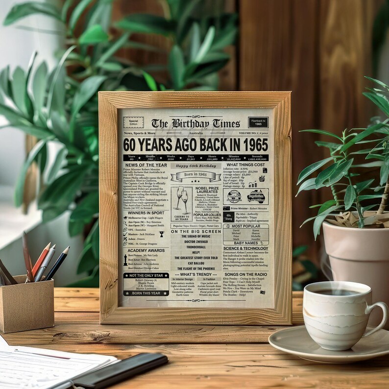 60th Birthday Newspaper Printable Poster - Born in 1965 - Instant ...