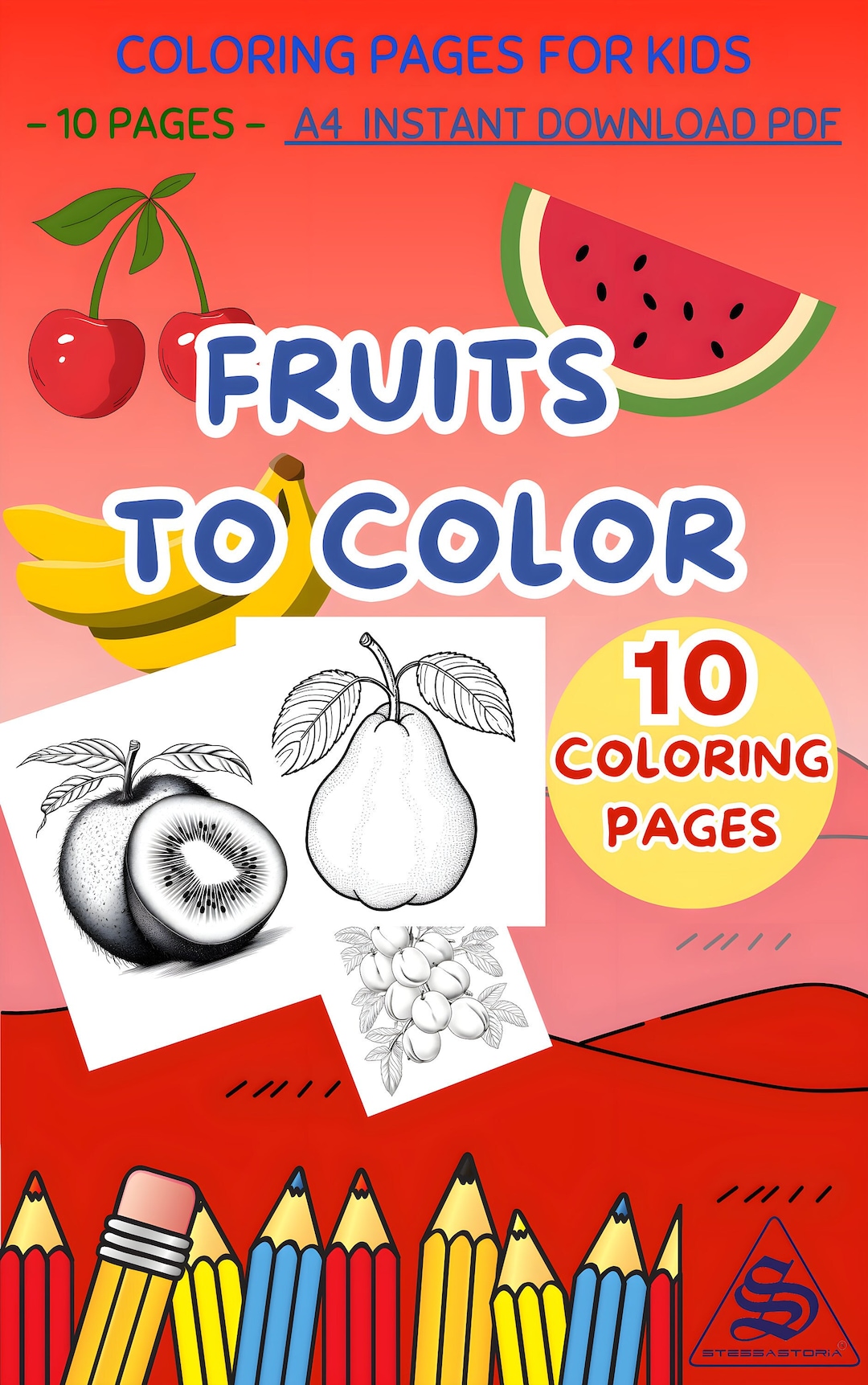 10 Fruits Coloring Pages, Fruits Coloring Book for Kids, Pdf Printable ...