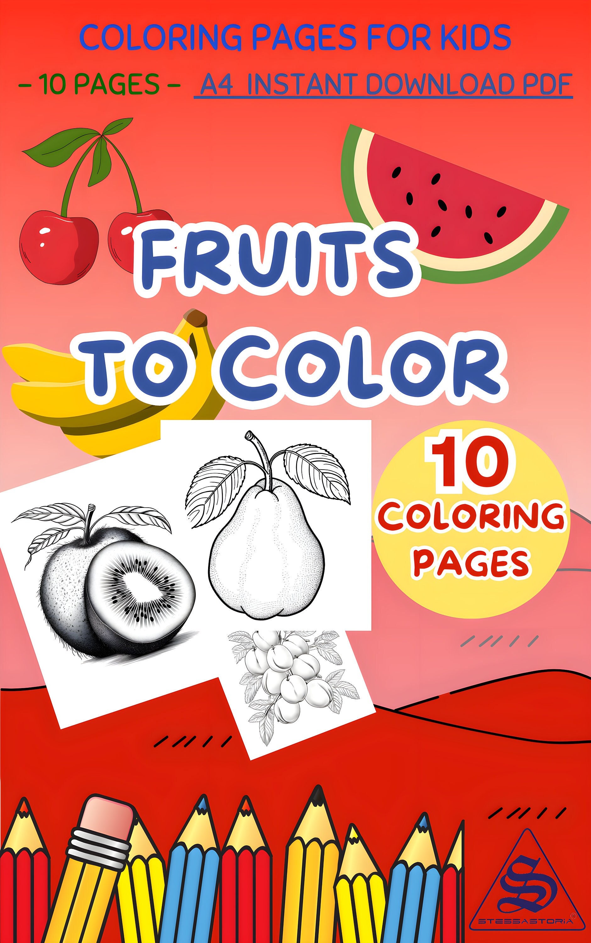 10 Fruits Coloring Pages, Fruits Coloring Book for Kids, Pdf Printable ...