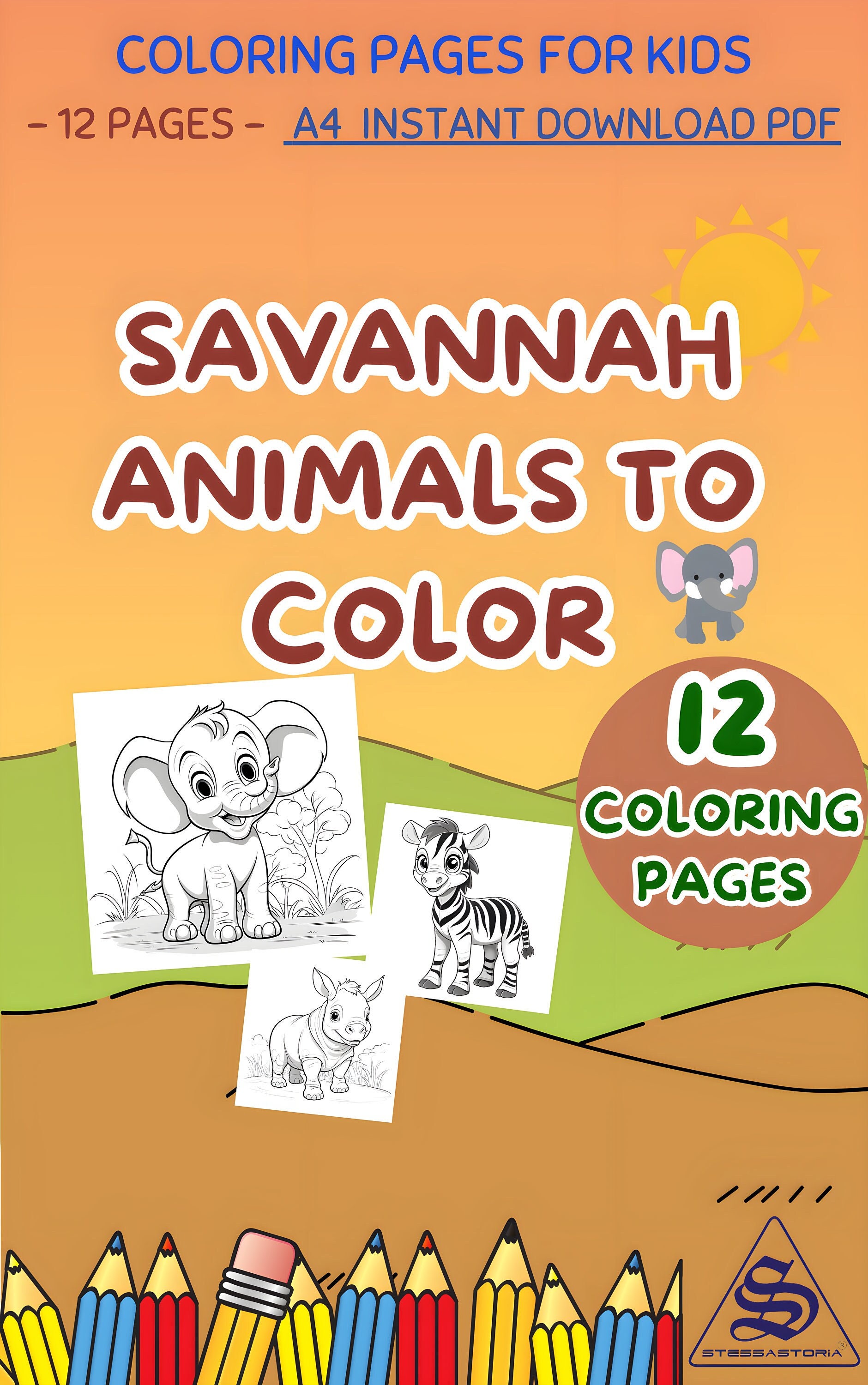 12 Savannah Animals Coloring Pages, Printables for Kids, Easy Coloring ...