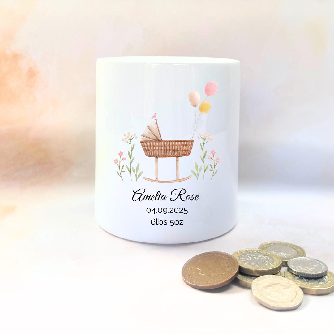 Personalised Baby Girl Money Box, New Baby Gift With Name and Birth ...