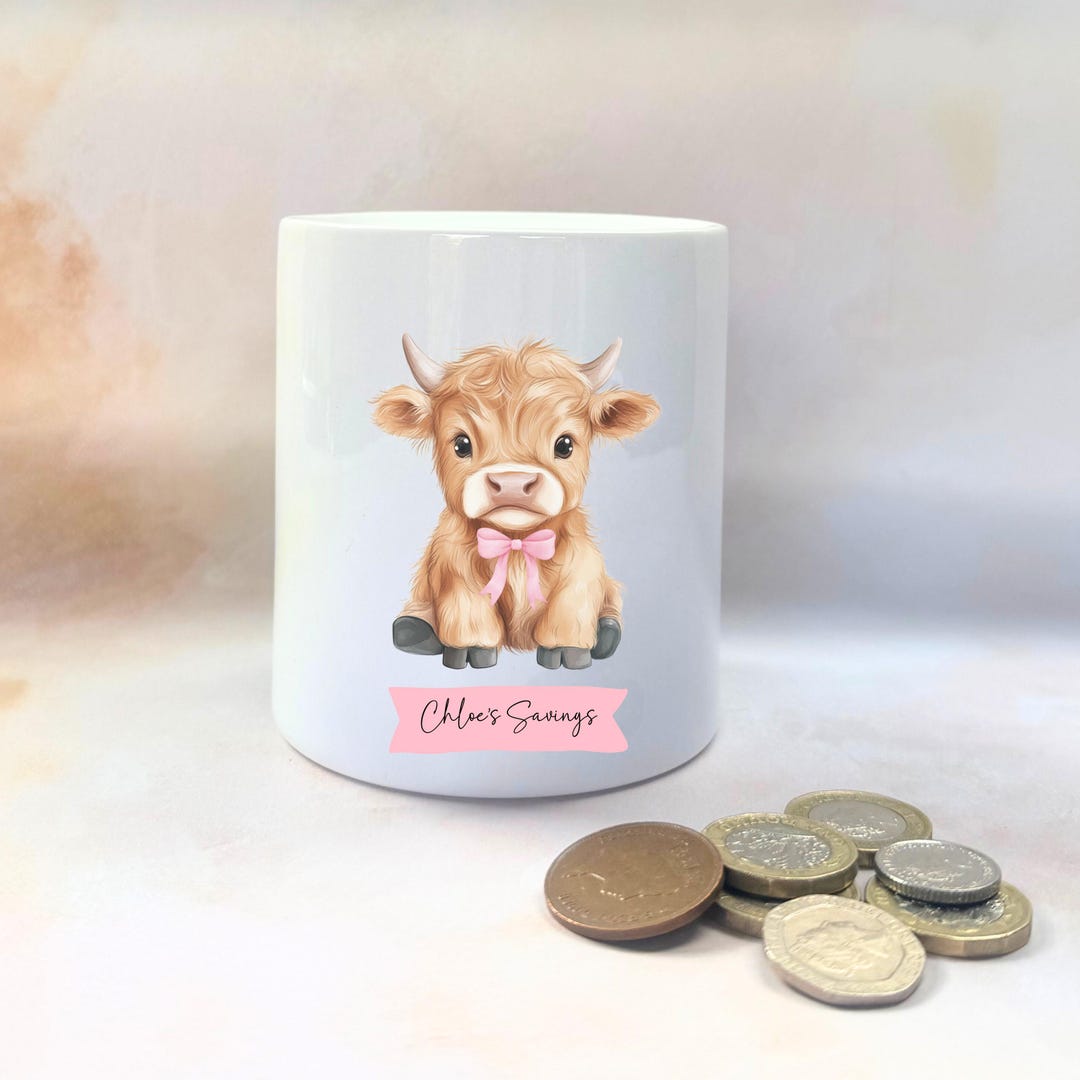 Personalised Highland Cow Money Box, Highland Cow Ceramic Coin Bank for ...