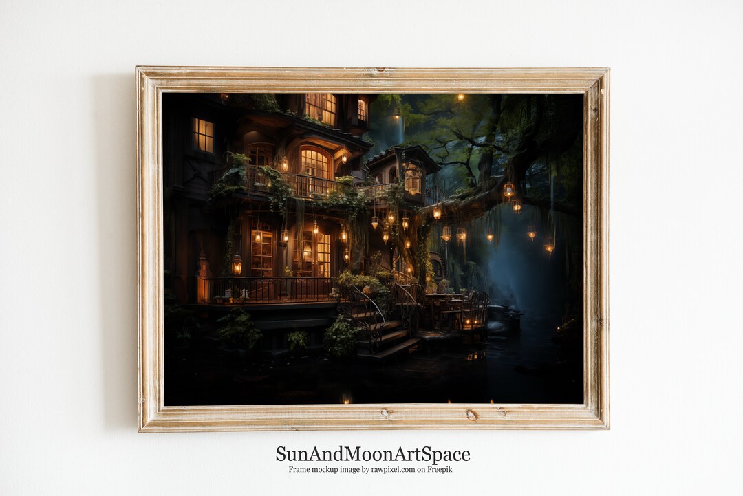Magical Treehouse Wall Art Vintage Gas Lights in Night Forest ...