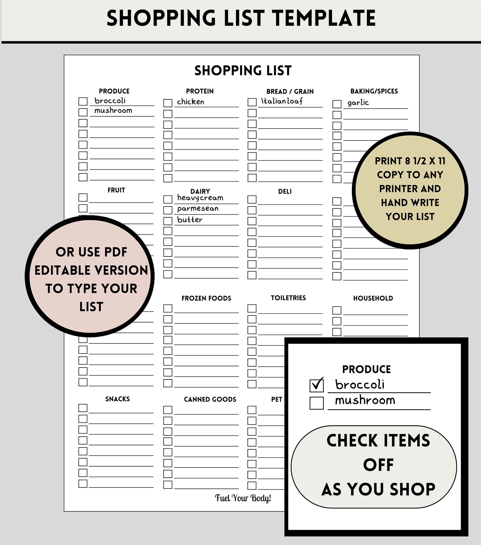 Grocery List Minimalist Printable Grocery List Shopping Checklist ...