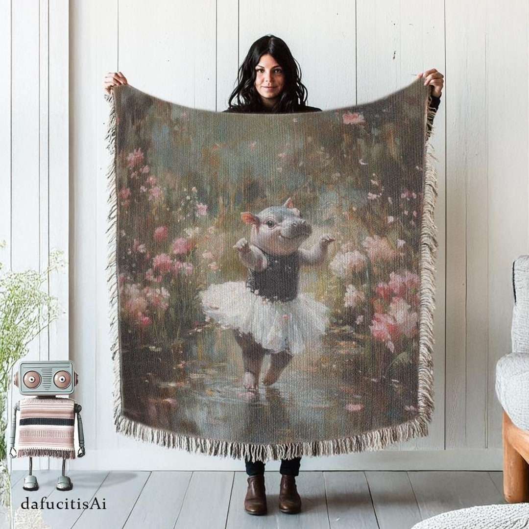 Ballerina Moo Deng Woven Blanket - Moo Deng Cotton Blanket - Gift for ...