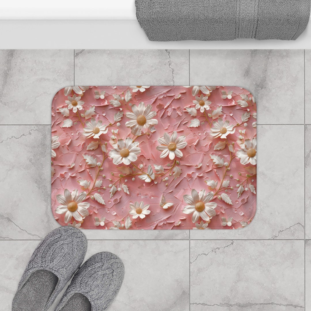 Frosting Pink Daisy Bath Mat Cute Bath Mat Pink Floral Bath Mat Unique ...