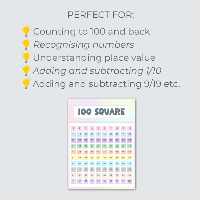 Counting to 100 Poster, 100 Square Printable Pastel Theme, Number Chart ...