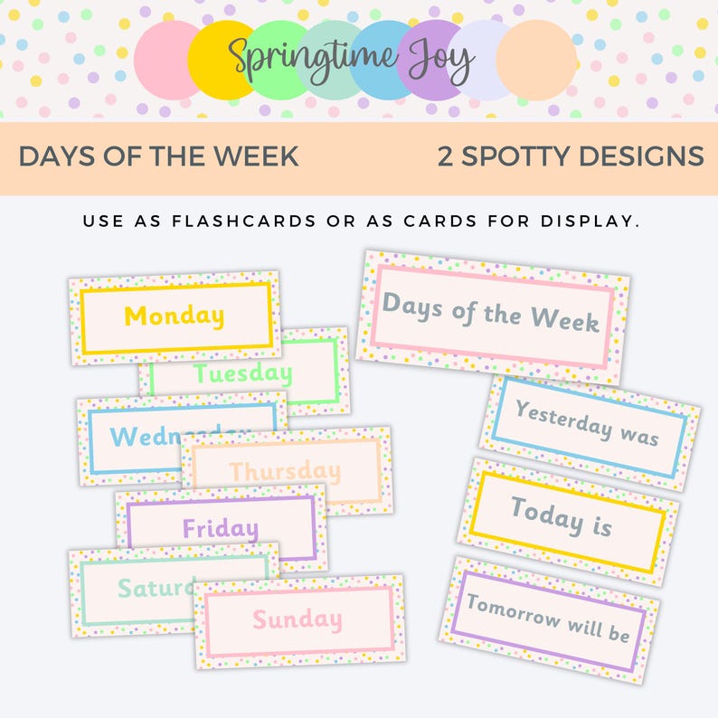 Days of Week Flashcards, Flash Cards Printable, Spring Themed Classroom ...