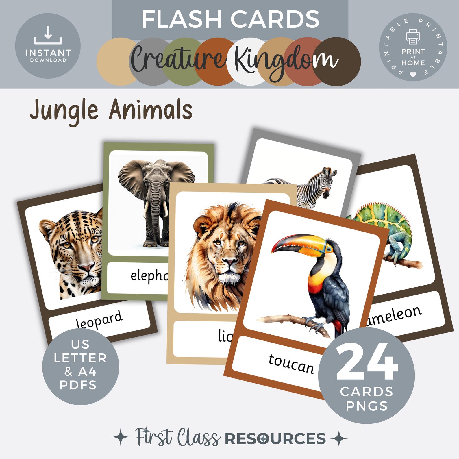 Jungle Animals Flashcards, Safari Animal Learning Cards, Preschool ...