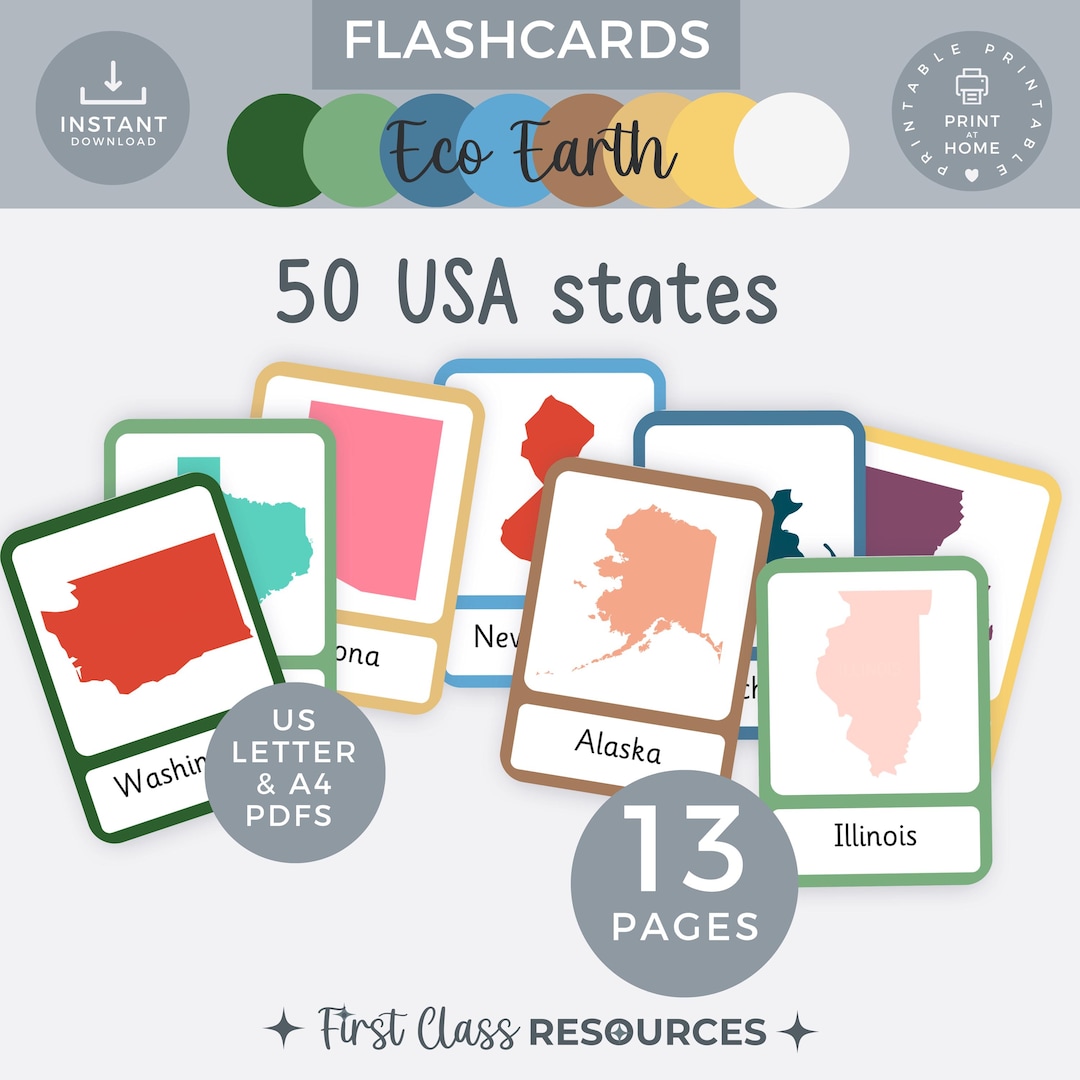 50 States Flashcards, USA States Flash Cards, State Shapes and Names ...