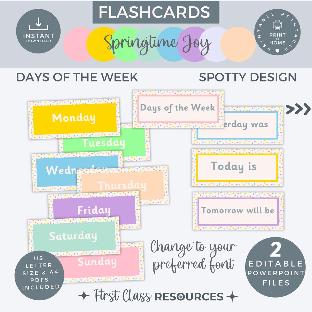 Days of Week Flashcards, Flash Cards Printable, Spring Themed Classroom ...