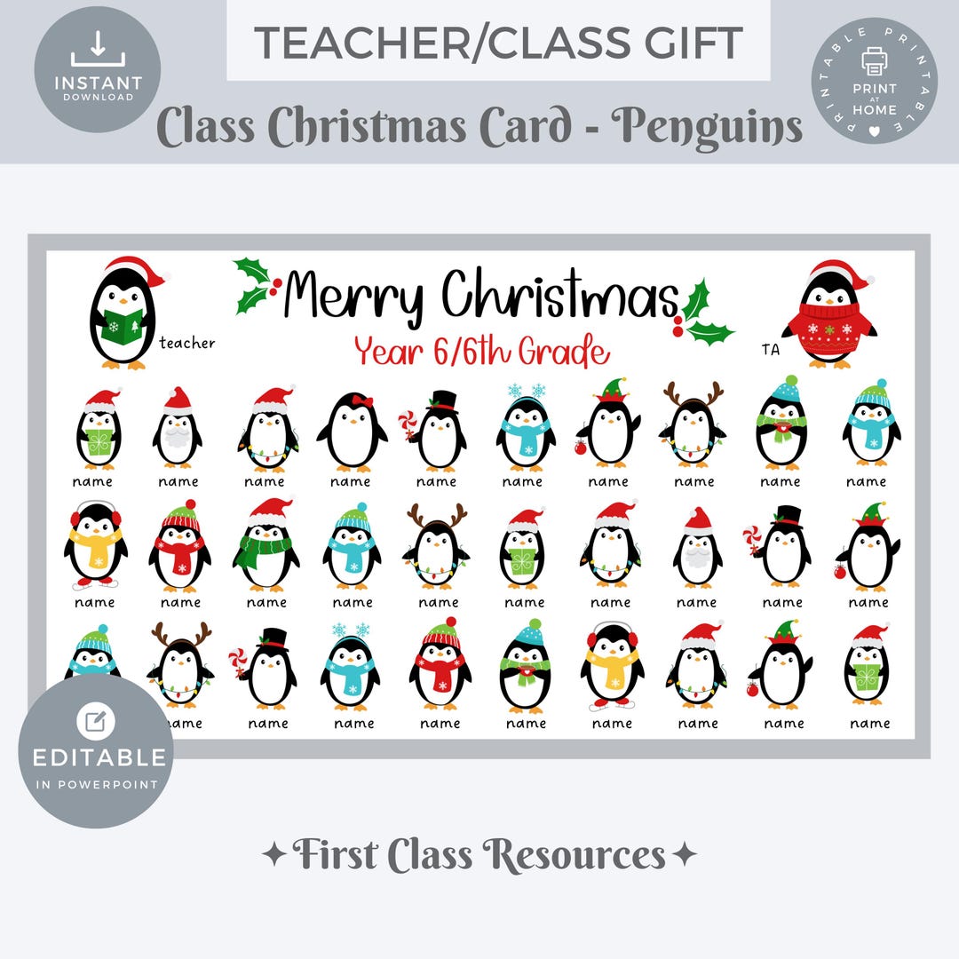 Penguins Personalised Class Christmas Card, Class Christmas Gift ...